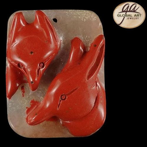 BI02402# Hand Carved Unique Fox Red River Jasper Pendant Bead Gemstone ...