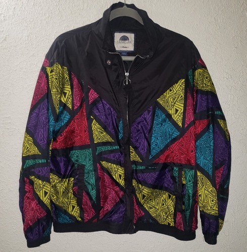 1 Sunset Lane Sz M 80’s 90’s Vintage Style Windbreaker Jacket Black ...