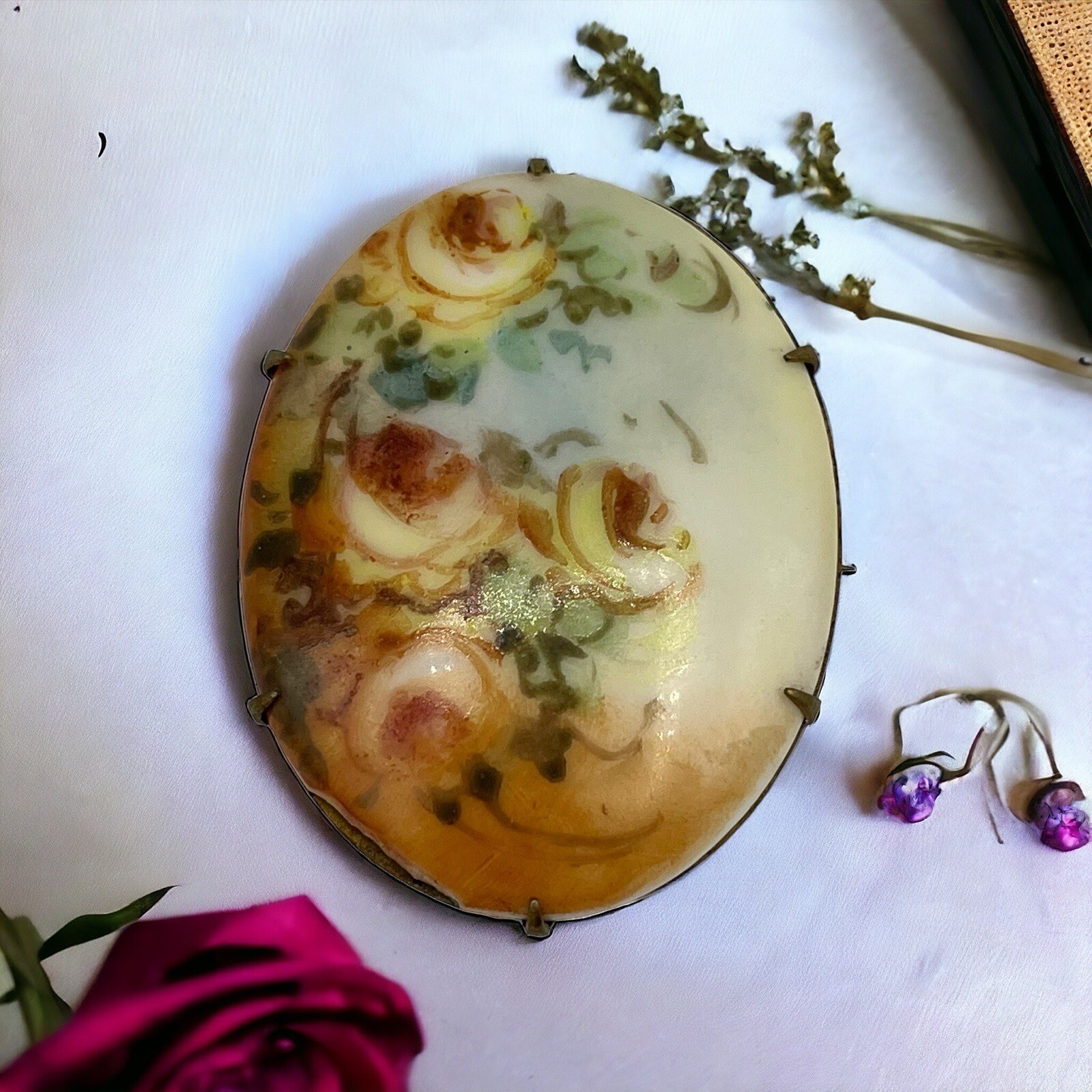 Antique Victorian Hand Paint Rose Flower Oval Cabocho… - Gem