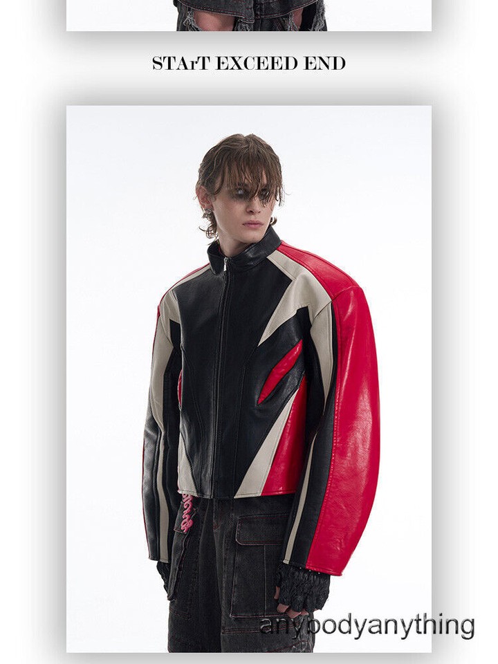 Men Short Standing Collar Leather Jacket Spring Splicing Motorcycle ...