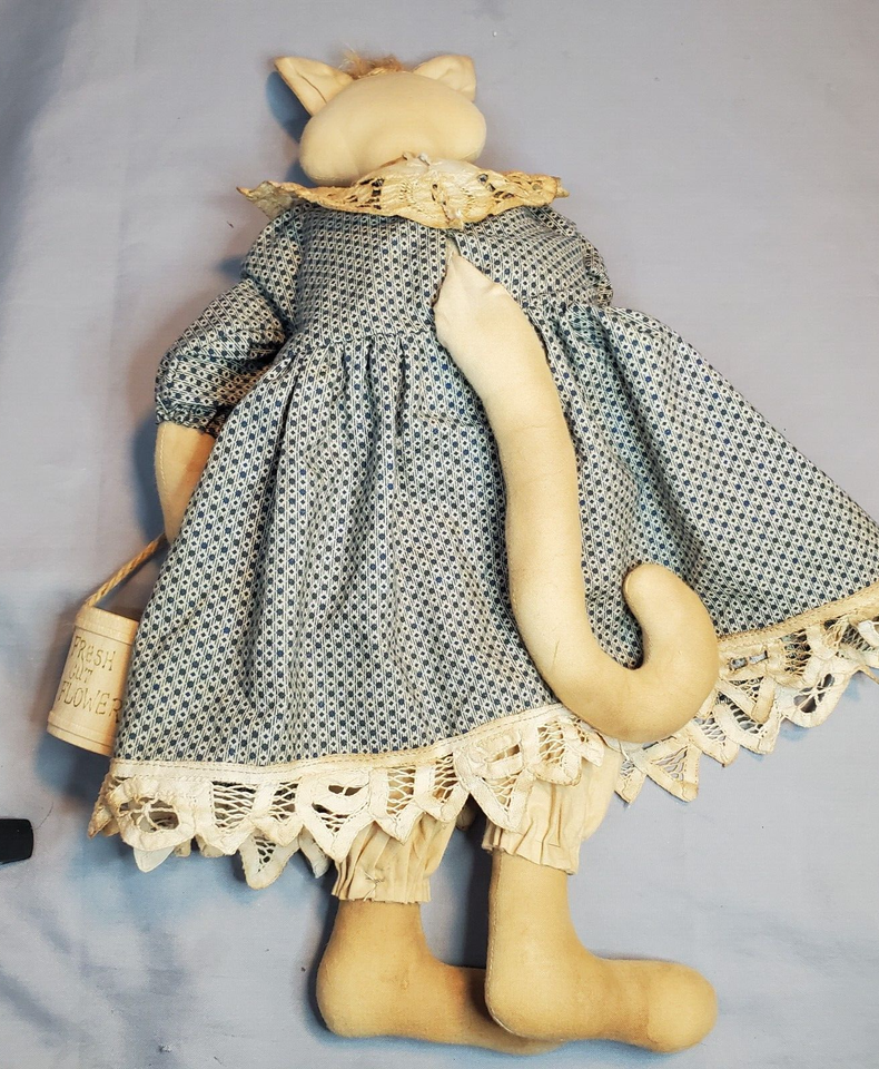 Handmade Rag Doll Cat Tea Dyed Fabric Primitive Farmhouse Decor Pioneer ...