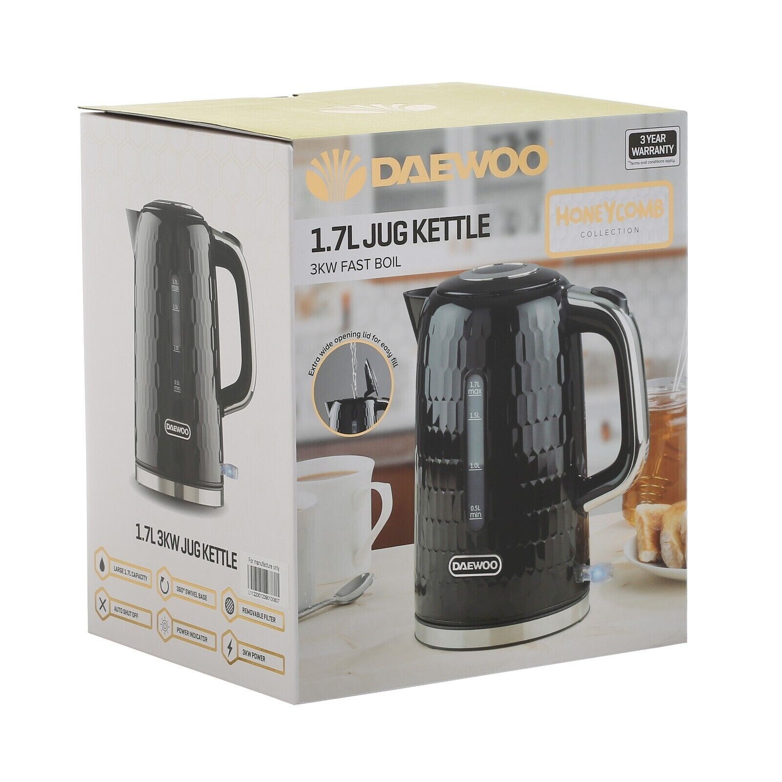 Daewoo Honeycomb Kettle 1.7L Rapid Boil &2 Slice Toaster Set Black ...