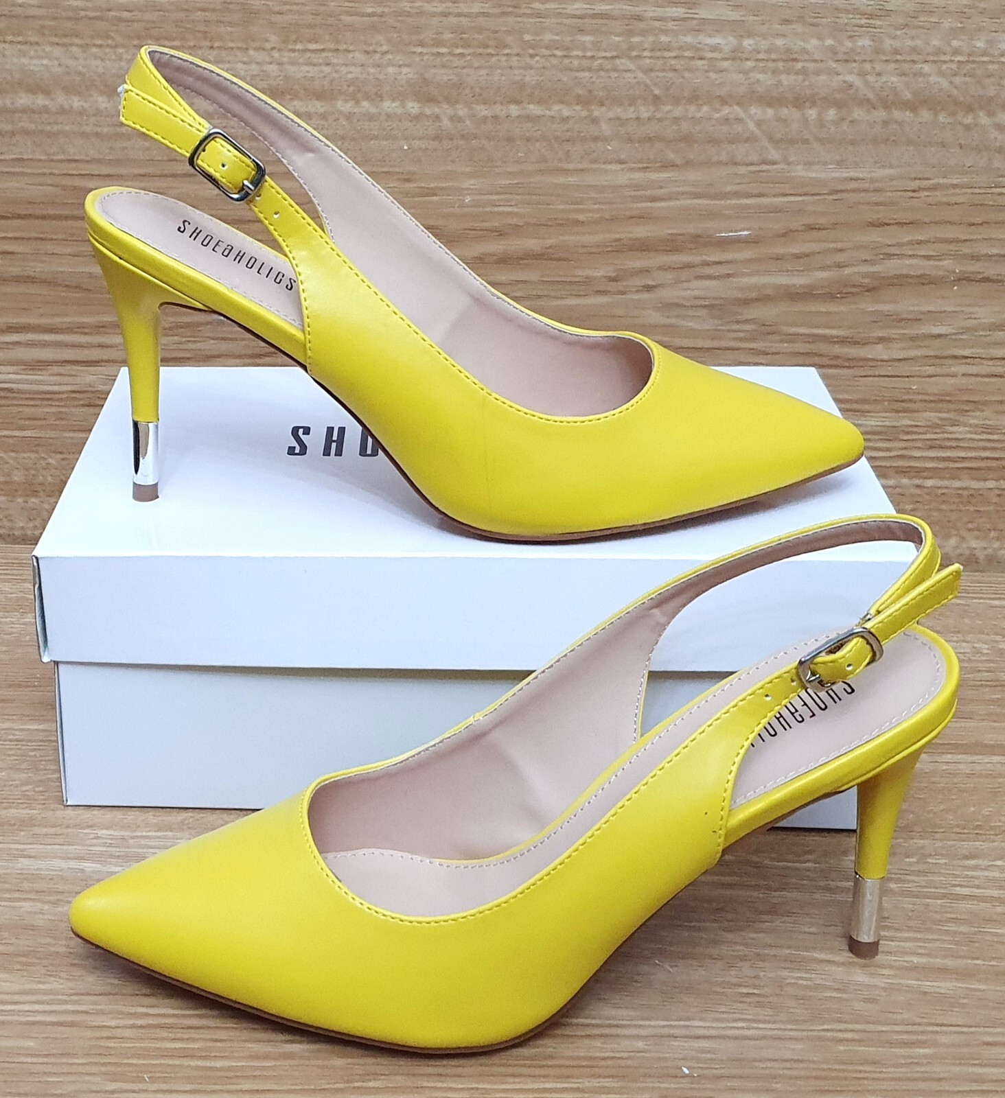 SHOEAHOLICS Alia Ladies Yellow Strappy Court 9.5 cm Silver Tip Heel EU ...