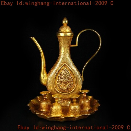 11"Ancient Chinese dynasty bronze Gilt flagon Teapot Teacup makers Tea ...