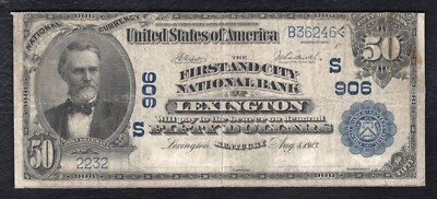 1902 $50 DB FIRST & CITY NATIONAL BANK LEXINGTON, KY NATIONAL CURRENCY CH. #906 | eBay