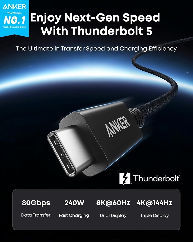 Anker Prime TB5 Cable 240W USB C to USB C Charging 3.3ft Thunderbolt 5 ...