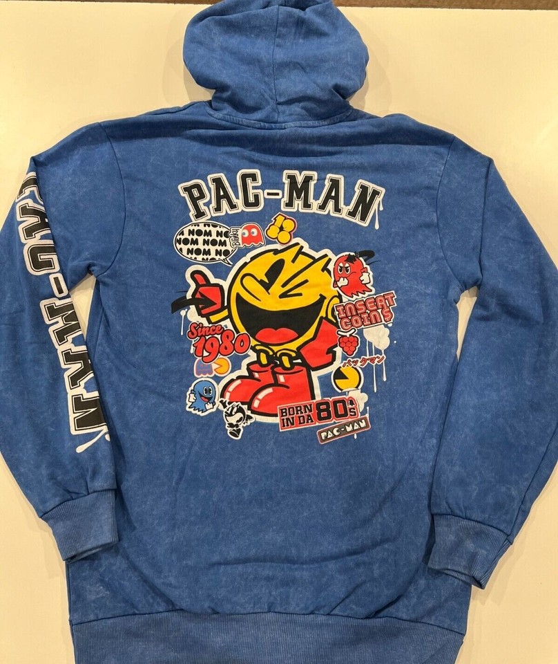 Vintage Pac-Man Hoodie Sweater Retro Mens M Blue Sweatshirt Gamer NEW ...