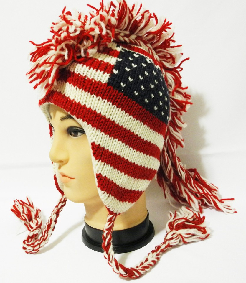 Mohawk american flag handmade Hat cap Wool W Fleece lining MultiColor ...