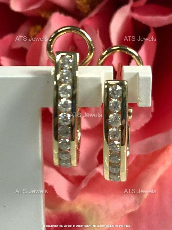 1 Ct Round Cut Moissanite Omega Back Hoop Earrings 14k Real Yellow Gold ...