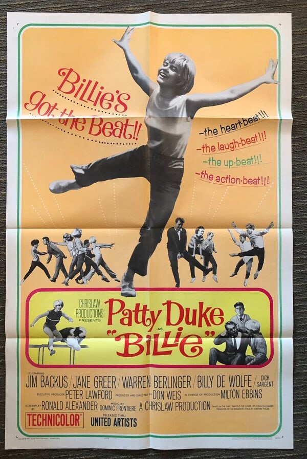 Billie 1965 Patty Duke Original 27x41 US one sheet Movie Poster Jim ...