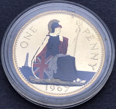 UK British 1967 Pre-Decimal Gold-plated & Coloured Britannia One Penny ...