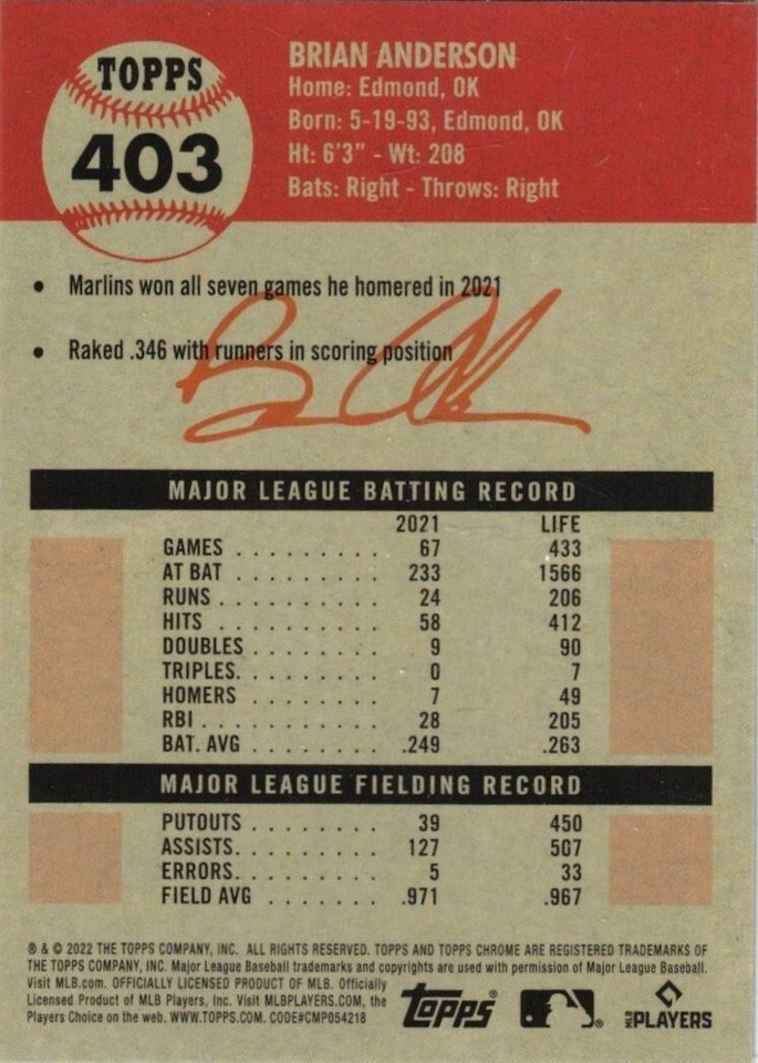 BRIAN ANDERSON-THIRD BASE/OUTFIELD-MIAMI MARLINS-2022 TOPPS CHROME #403 ...
