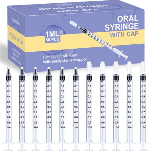 50 Pcs 1ml Syringes with Caps Oral Dispenser Individually Sterile ...