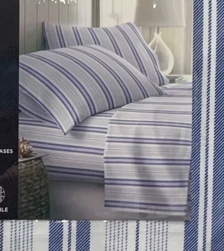 CHAPS by Ralph Lauren QUEEN Sheet Set w/4 Pillowcases White Blue Dashed ...