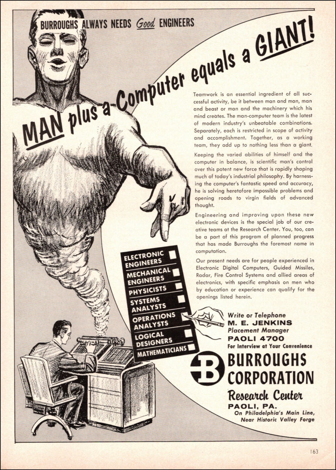 1958 vintage Employment AD BURROUGHS NEEDS GOOD ENGINEERS Paoli PA ...