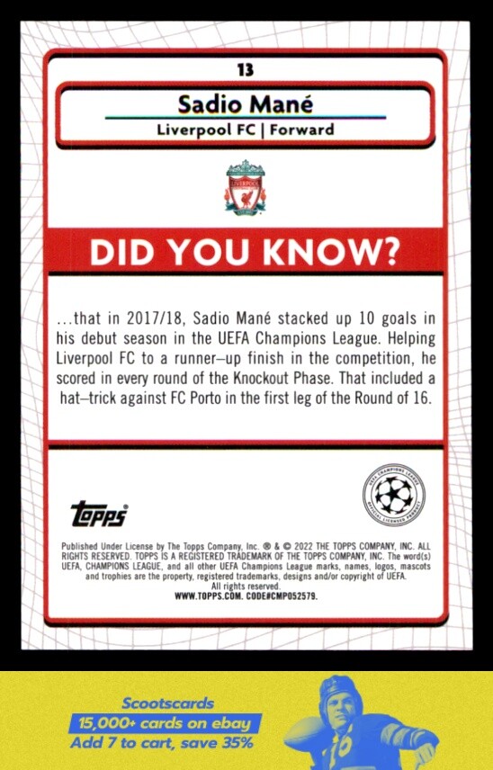 2021 Topps Merlin Collection Chrome UCL Sadio Mane #13 Liverpool FC | eBay