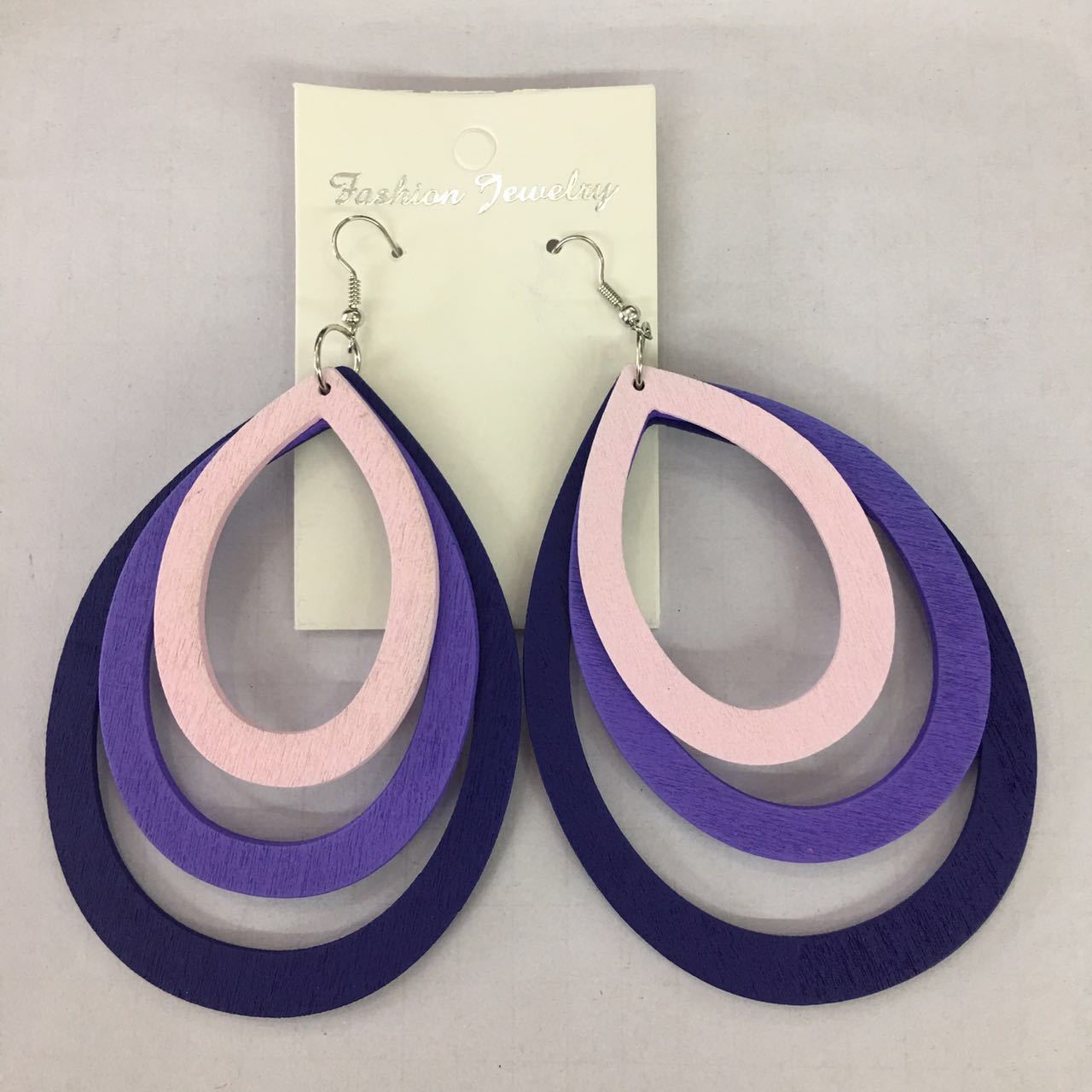 2Pairs Colored 3 Layers Hollowed Wood Dangle Teardrop Earrings Jewelry ...