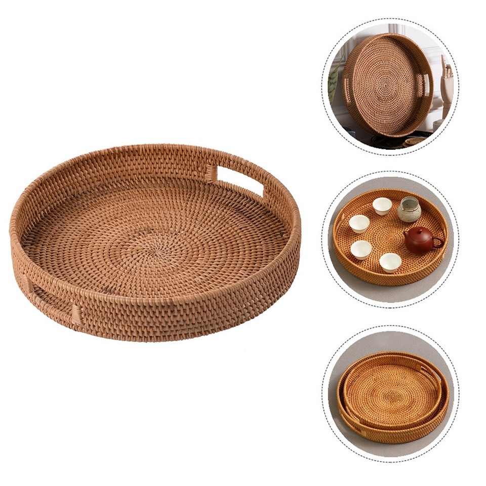 1Pc Hand-woven Home Storage Basket Exquisite Rattan Tray Living Room ...
