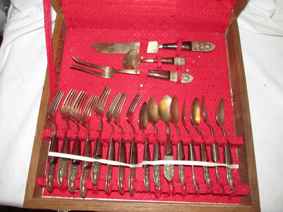 Vintage 29 piece Thai Siam Seated Buddha Bronze & Rosewood Flatware Set ...