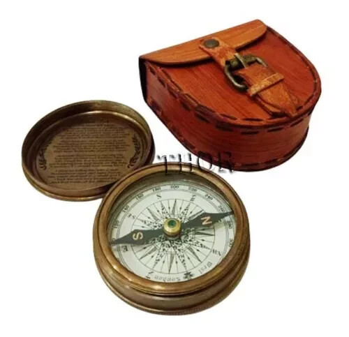 Authentic Vintage Style Brass Pocket Compass with Leather Case Rustic ...