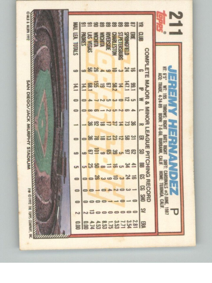1992 Topps Jeremy Hernandez 211 San Diego Padres Gold | eBay