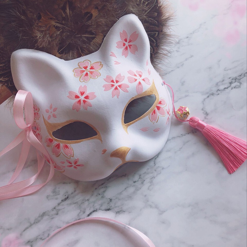 Japanese Hand-Painted Half Face Fox Kitsune Mask Cosplay Halloween ...