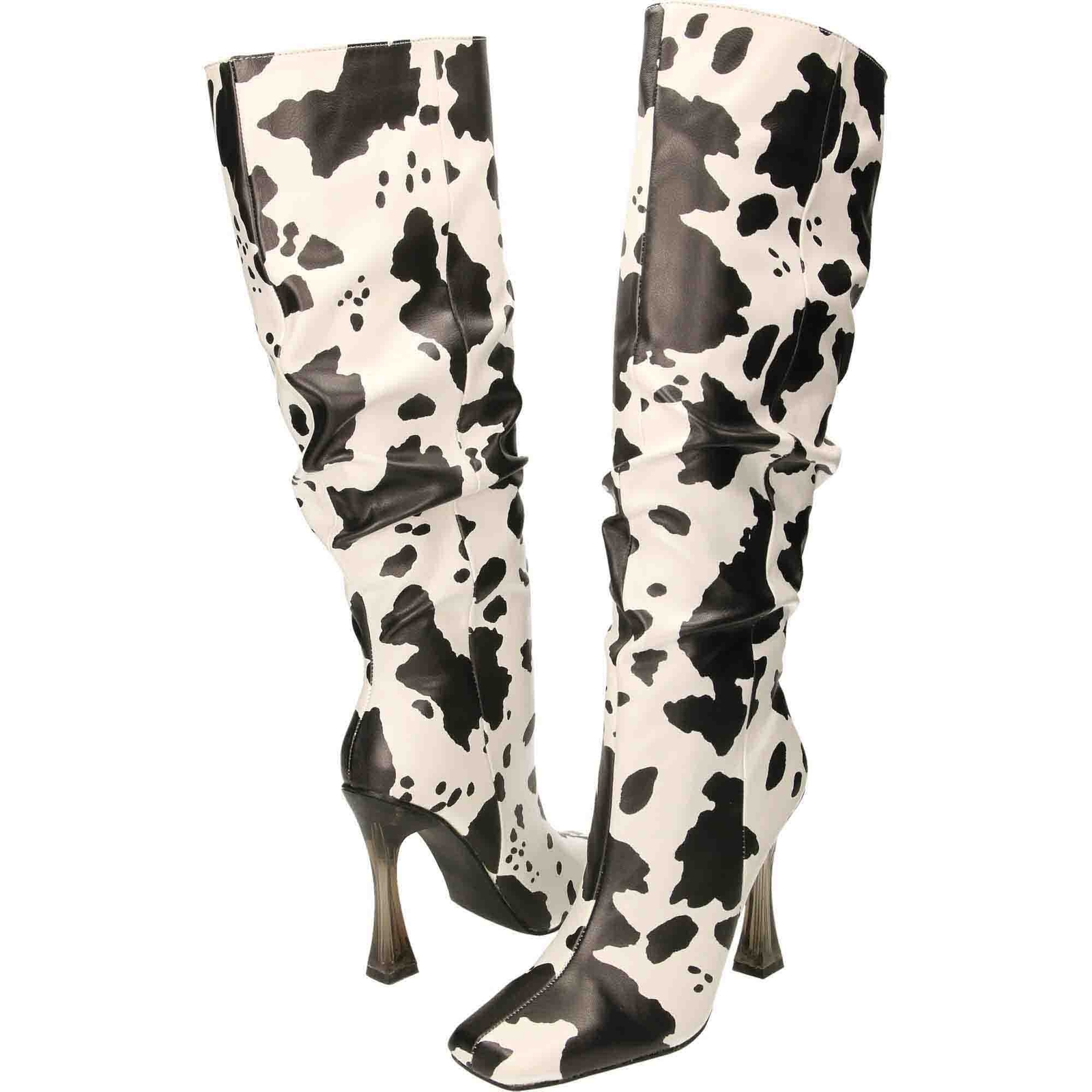Black White Cow Print High Heel Knee Boots Retro Shoes Punk Square Toe ...