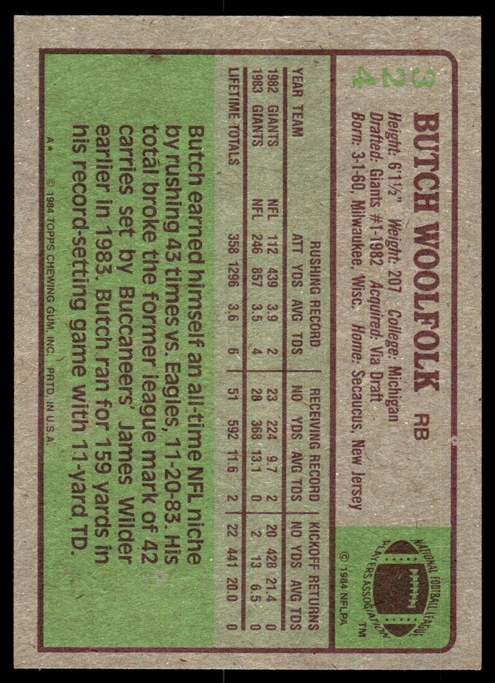 1984 TOPPS BUTCH WOOLFOLK NEW YORK GIANTS #324 | eBay