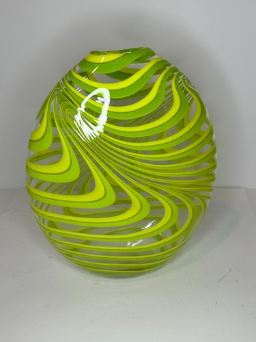Tony Cray Signed Art Glass Vase LIME GREEN & YELLOW SWIRL 8" Snake ...