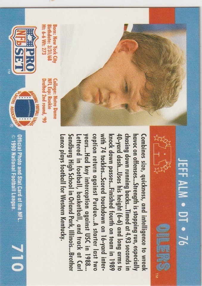 1990 Pro Set #710 Jeff Alm RC Houston Oilers Notre Dame | eBay