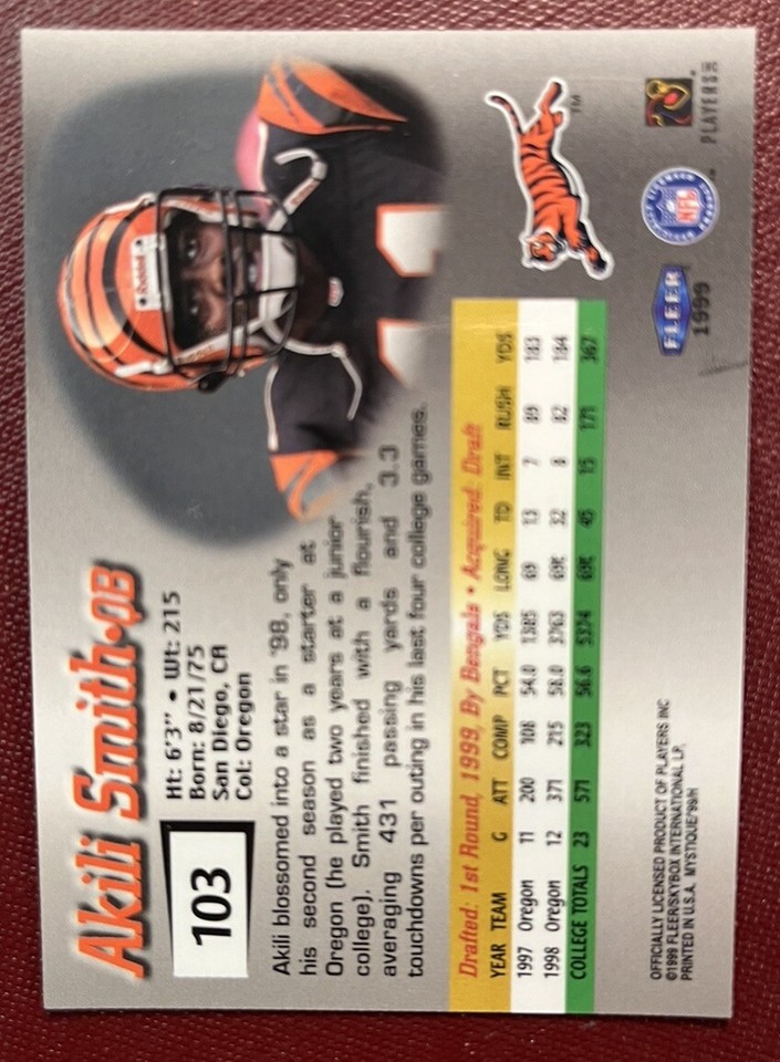 Akili Smith 1999 Fleer Mystique Serial #’d 574/2999 Rookie Card #103 ...