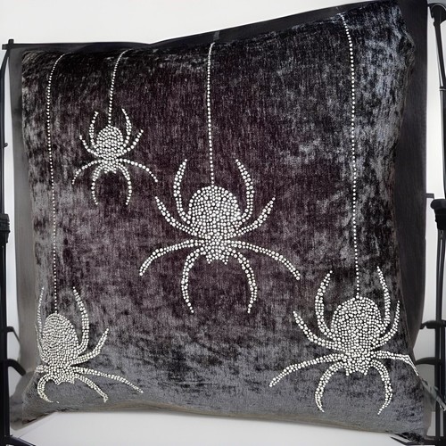 Magaschoni Halloween SPIDER Rhinestone Bling Black Velvet Pillow Home ...