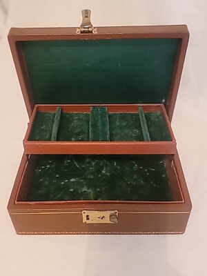 Vtg Jewelry Box Brown & Gold w/Green Velvet Interior & Flip Lock 10"x7 ...