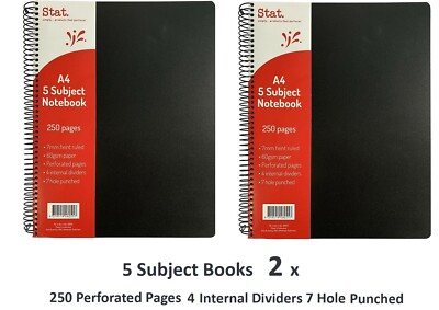 2 x STAT Spiral Notebook 5 Subject 7mm Ruled A4 Black PP Cover 250 ...