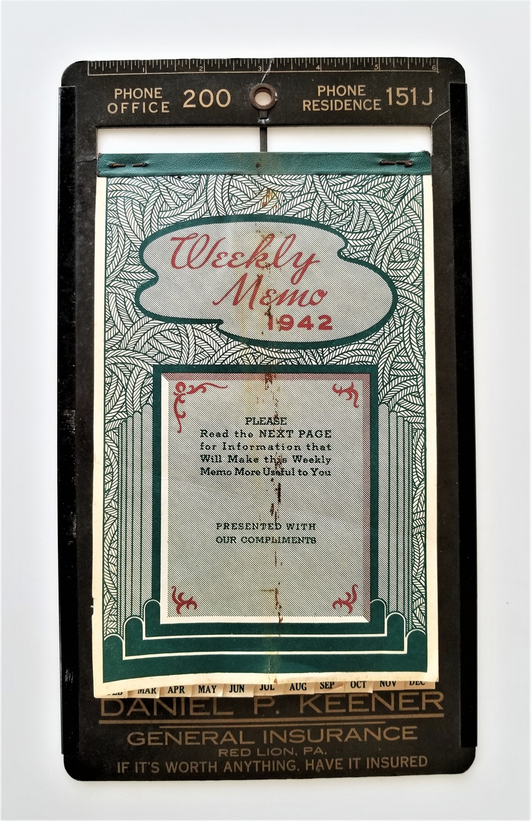 1942 vintage WEEKLY CALENDAR MEMO red lion pa DAN KEENER insurance ...
