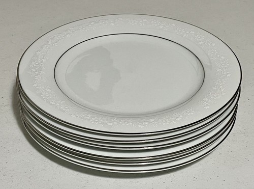 6 Noritake Buckingham 10.5” Dinner Plates, Silver Trim Embossed Floral ...