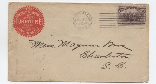 1893 Cincinnati OH 2ct columbian ad cover Kreimer & Bro furniture [6525 ...
