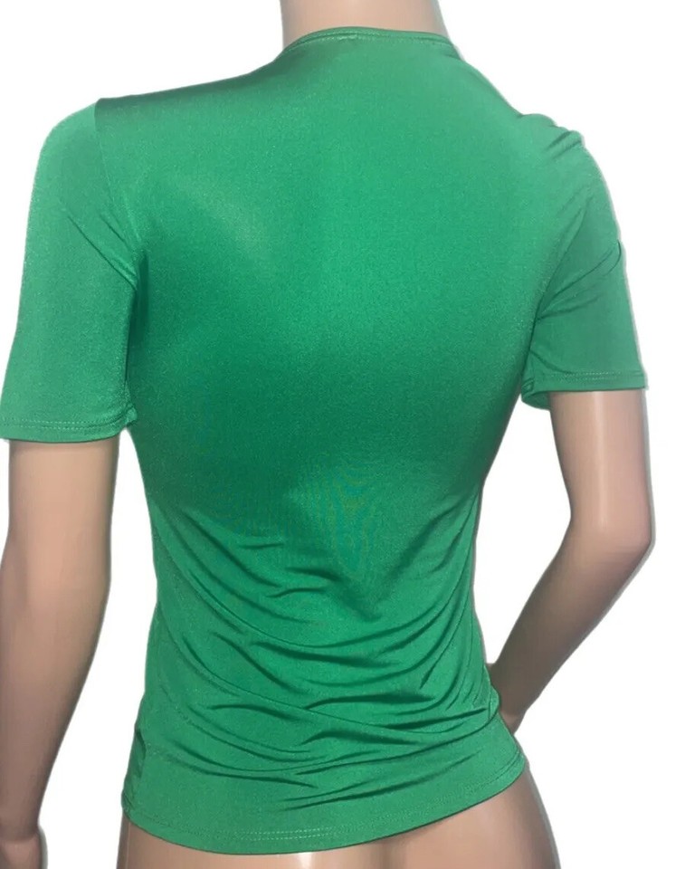 Shiny green stretchy pinched v-neck cleavage top S/S new Y2K Pin Up ...