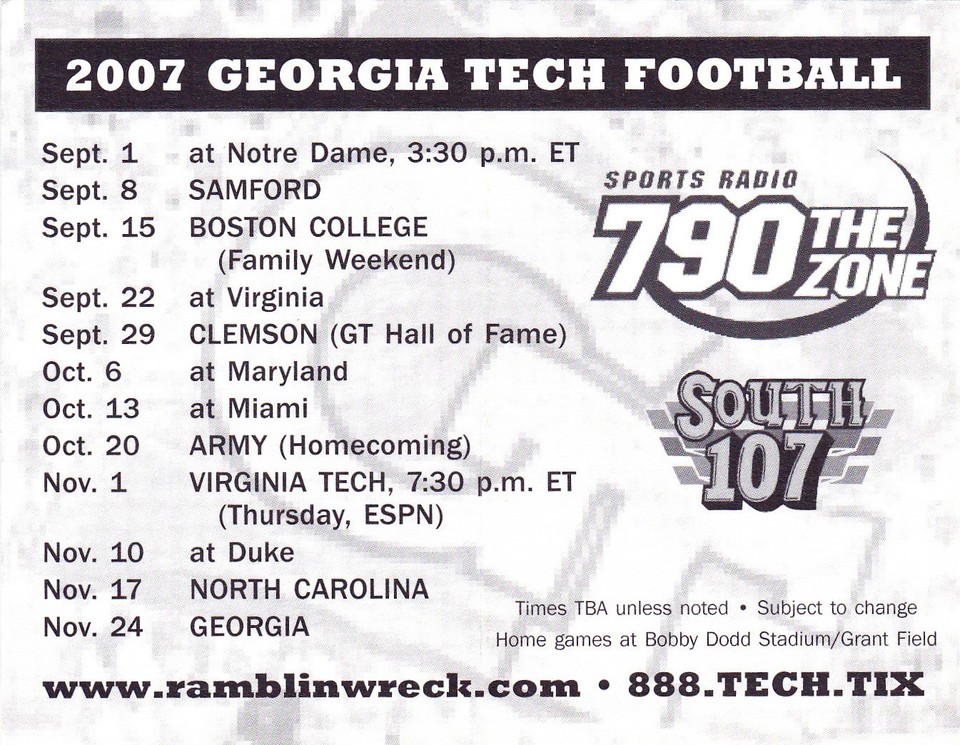 2007 GEORGIA TECH FOOTBALL POCKET SCHEDULE - UNFOLDED | eBay
