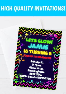 Personalised Glow Neon Disco Dance UV Rave Birthday Party Invitations ...