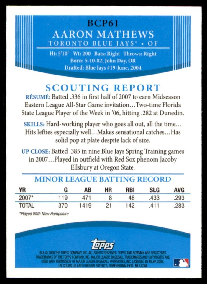 2008 BOWMAN CHROME PROSPECTS AARON MATHEWS TORONTO BLUE JAYS #BCP61 | eBay