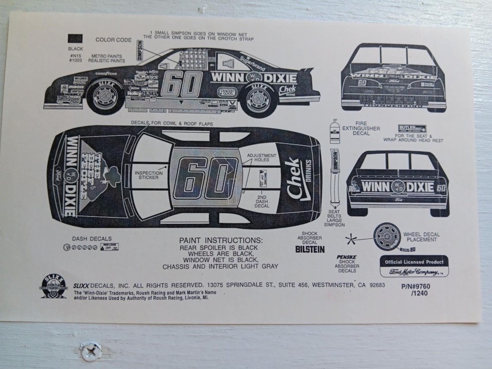 Winn Dixie #60 Ford TBird Mark Martin model car NASCAR Slixx decal FREE ...