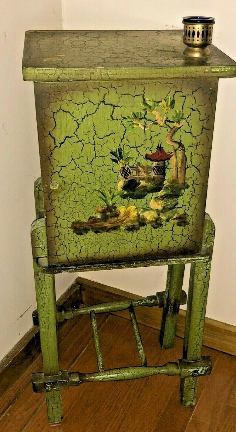 Vtg Hand Painted Folk Art Primitive Copper Lined Smoking Stand Cabinet ...