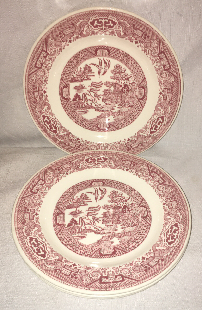 4 Vintage Willow Ware Royal China Red & White Pink 9” Wide Salad Or ...