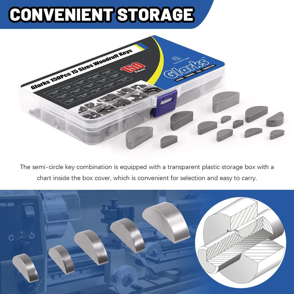 150Pcs 15 Sizes Woodruff Keys Assortment Carbon Steel Woodruff-Key Semi ...