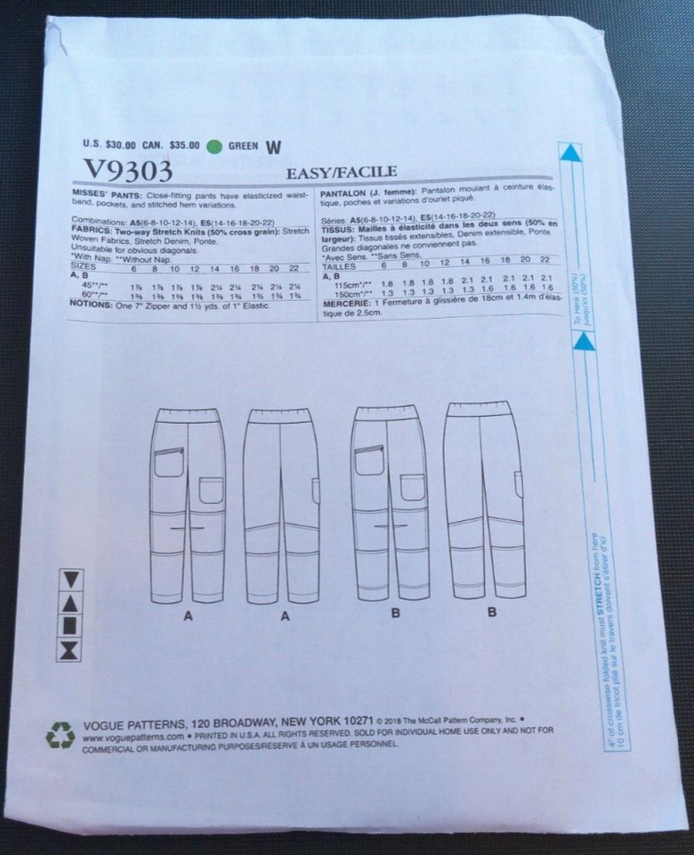 Vogue Pattern V9303 Ms MARCY TILTON Pants w/Elastic Waist~Pockets~Hem ...