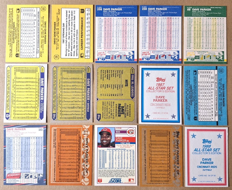 Dave Parker Cincinnati Reds Group of 15 Different 1987 - 1988 Baseball ...