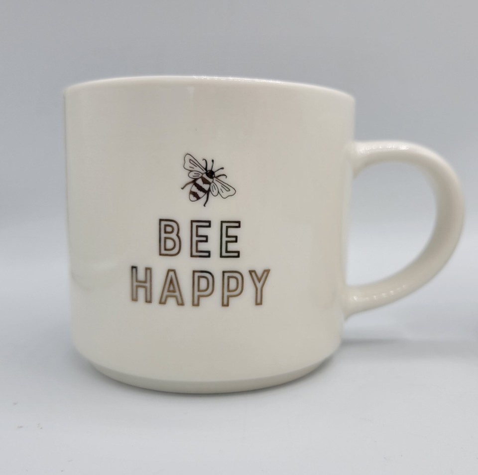 ELUM Home Bee Happy & Bee image in gold white coffee mugs (2) /w gold ...