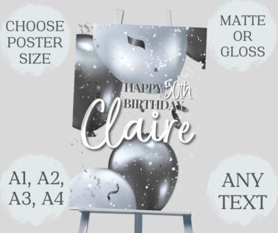 Personalised BIRTHDAY Party Sign POSTER Banner Silver BALLOONS A1 A2 A3 ...