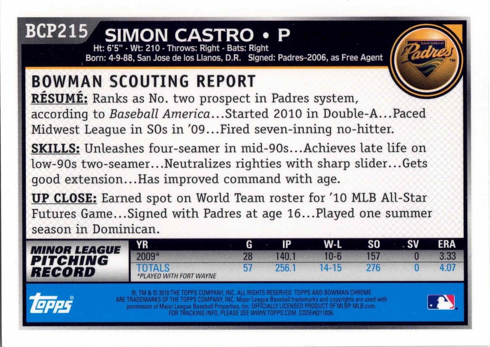 2010 Bowman Chrome Autographed Simon Castro Prospect RC BCP215 | eBay